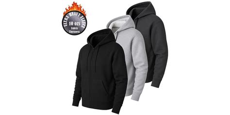 3pk Mens Heavyweight Fleece Lined Full Zip Hoodie