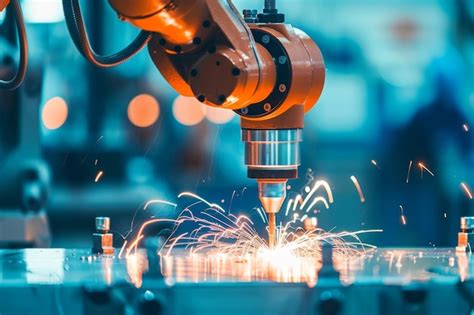 Premium Photo Robotic Arm Performing Precision Metalwork With Sparks Flying In An Industrial