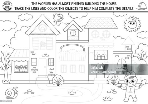 건설 현장 흑백 그리기 색칠하기 추적 및 집과 함께 쓰기 연습 활동 건물 퍼즐을 완성하고 장식하세요 아이들을 위한 인쇄 가능한 워크시트 게임 또는 색칠 공부 페이지 건물