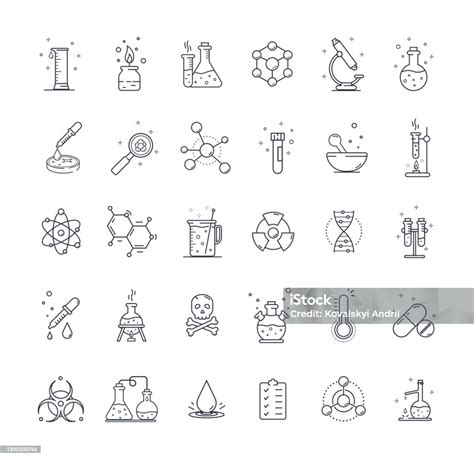 흰색 배경에 격리 된 다양한 실험 유리 제품 및 분자를 보여주는 화학 실험실 및 다이어그램 아이콘의 큰 세트 디자인 요소 흑백 스타일 벡터 그림입니다 아이콘 세트에 대한