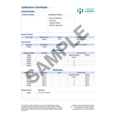 Traceable Certificate Of Calibration Iso 90012015 Heliport Supplies