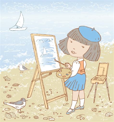 바다로 그림을 그리는 작은 귀여운 만화 소녀 예술가의 그림 프리미엄 벡터