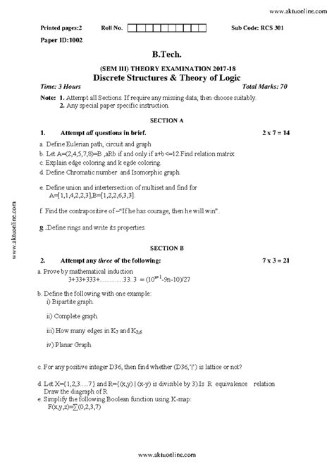 Btech Cs 3 Sem Discrete Structures And Theory Of Logic Ncs301 2018