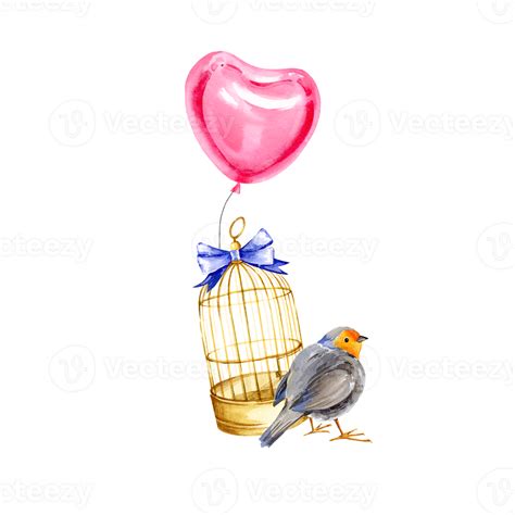 Watercolor Composition With Golden Bird Cage Cute Red Breasted Bird Knotted Blue Ribbon With