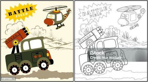 군사 트럭과 헬리콥터 벡터 만화 일러스트 레이션 색칠 공부 또는 페이지와 전장 교육에 대한 스톡 벡터 아트 및 기타 이미지
