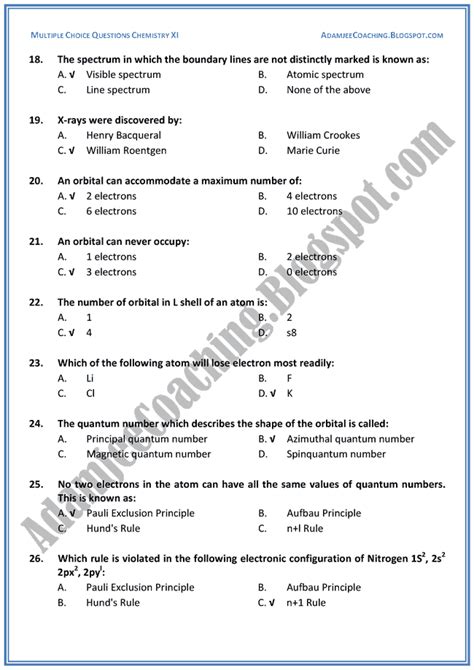 Adamjee Coaching XI Chemistry MCQs Atomic Structure
