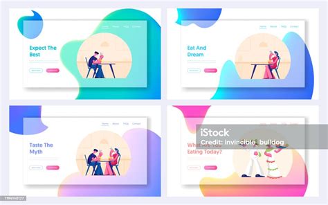 카페 를 방문하는 사람들 웹 사이트 방문 페이지 세트 레스토랑 채팅에서 아시아와 멕시코 음식을 먹는 남성과 여성 캐릭터 주말 웹 페이지 배너에 시간을 보내고 만화 플랫 벡터