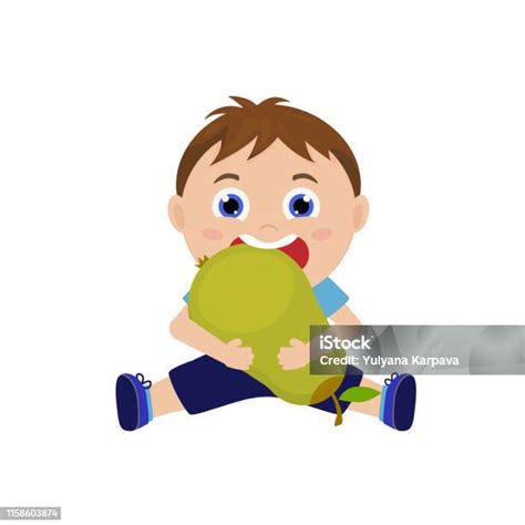 배를 먹는 귀여운 소년입니다 과일을 가진 아이 인쇄 디자인 벡터 만화 일러스트레이션입니다 건강한 생활방식에 대한 스톡 벡터 아트