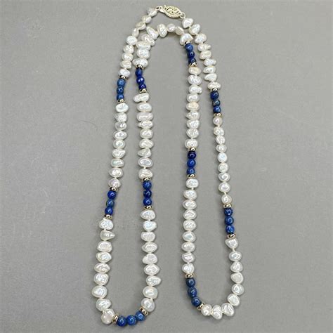 Lot 032 14k Yg Pearl Lapis And Gold Bead Necklace 25”l