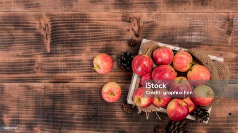 나무 상자에 유기농 잘 익은 붉은 사과 가을 철에 수확 Cornucopia 나무 테이블 배경 신선한 과일 계절에 대한 스톡 사진 및 기타 이미지 Istock