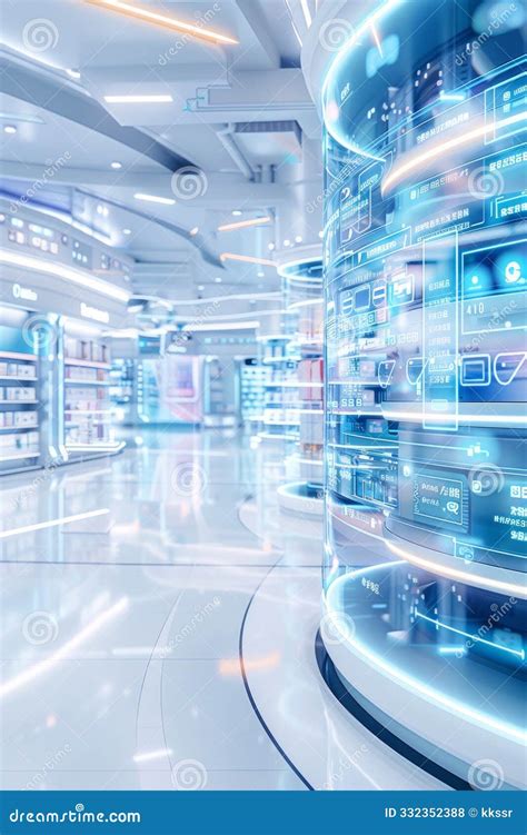 Smart Iot Integration Futuristic Shopping Area With Online Browsing Stations Qr Code Scanning