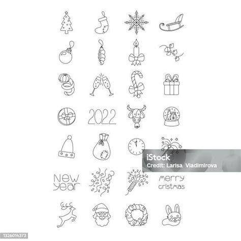 새해 복 많은 새해와 메리 크리스마스 아이콘 고립 벡터 그림입니다 전나무 양말 눈송이 썰매 공 촛불 조명 만다린 선물 2022 황소 모자 시계 산타 불꽃 놀이 사슴 로고에