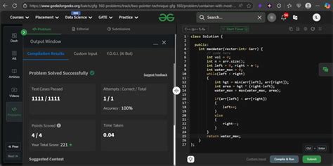 Day 60 Of Gfg160 Challenge By Gfg Geeksforgeeks Solved Container With Most Water Lakshya