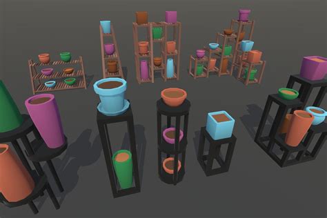 lowpoly plant pots and shelves 3d props unity asset store
