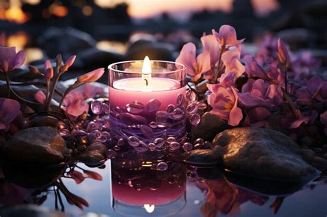 Premium Ai Image Meditative Ambiance Flickering Candle Stones And Lavender Create A Tranquil