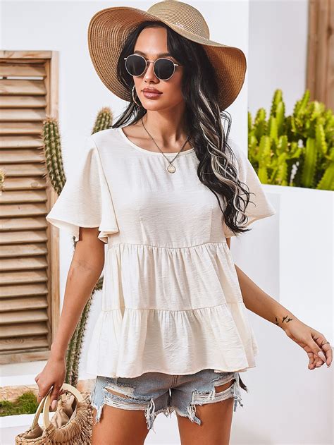 Flounce Sleeve Solid Peplum Top Peplum Top Flounce Sleeve Blouses