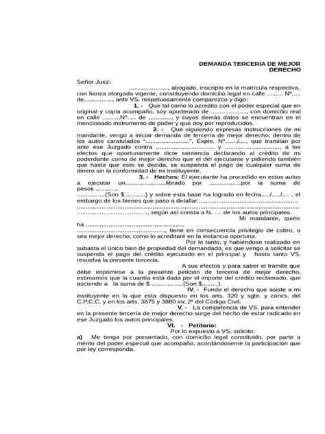 Demanda De Tercería De Mejor Derecho Pdf Demanda Judicial Justicia