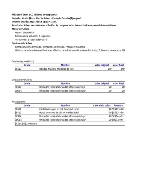 Excel Uso De Solver Ejemplo Dos Pdf Microsoft Excel Informática