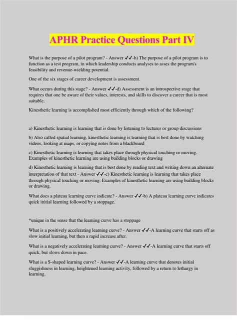 APHR Practice Questions Part IV With Correct Answers APHR Associate Professional In