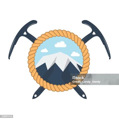 등반 및 알파인 클럽 배지 로고 인쇄 또는 스탬프에 대 한 개념입니다 등반과 등산을 위한 교차 얼음 도끼 산악 장비 야외 모험 엠 블 럼 벡터 일러스트입니다 0명에 대한