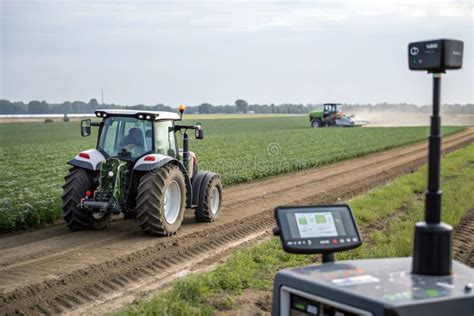 Sleek Tractor Utilizing Gps And Automation Technology In Expansive Agricultural Field Stock