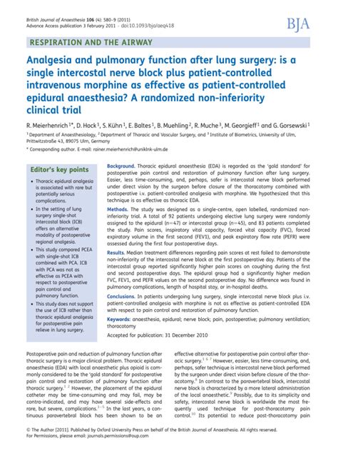 Analgesia And Pulmonary Function After Lung Surger Pdf Anesthesia