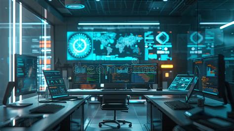 A Modern Marketers Office With Numerous Computer Screens Displaying Ai