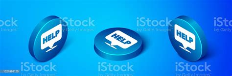 파란색 배경에 격리 된 텍스트 도움말 아이콘이있는 등각 음성 풍선 파란색 원 버튼입니다 벡터 일러스트레이션 0명에 대한 스톡 벡터 아트 및 기타 이미지 Istock