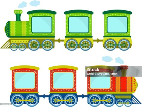 장난감 기차 화려한 기관차와 마차 텍스트 또는 이미지 공간을 포함합니다 0명에 대한 스톡 벡터 아트 및 기타 이미지 0명 기관차 마차 Istock