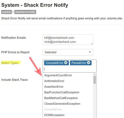 How To Choose Types Of Php Error In Shack Error Notify Joomlashack