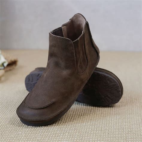 Soft Leather Flat Booties Casual Slip On Short Boots In Khaki 35 36 37 38 39 40