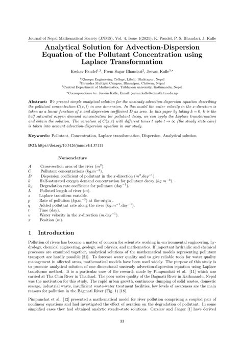 Pdf Analytical Solution For Advection Dispersion Equation Of The Pollutant Concentration Using