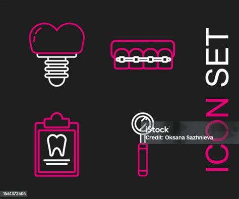 라인 치과 검사 거울 치과 카드가있는 클립 보드 치아 교정기 및 임플란트 아이콘을 설정하십시오 벡터 건강 진단에 대한 스톡 벡터 아트 및 기타 이미지 Istock