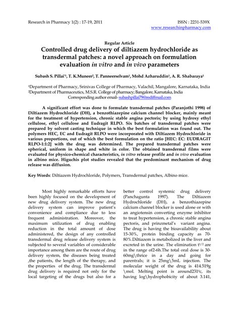 Pdf Controlled Drug Delivery Of Diltiazem Hydrochloride As Transdermal Patches A Novel