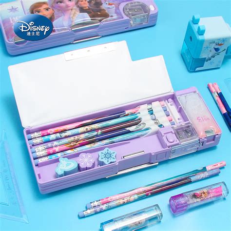 迪士尼冰雪奇缘文具盒女孩艾莎流沙笔盒小学生1 3年级儿童铅笔盒女卡通文具多功能女童双面开塑料笔盒幼儿园 虎窝淘