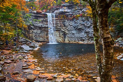 น้ําตกที่เงียบสงบเหนือหน้าผาลงไปในสระน้ําในช่วงฝนตกเบา ๆ  ภาพสต็อก ดาวน์โหลดรูปภาพตอนนี้