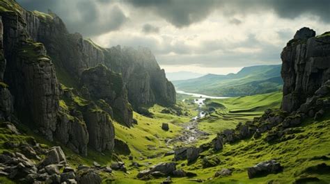 Epic Fantasy Landscape Rocky Cliff Covered In Grass Premium Ai