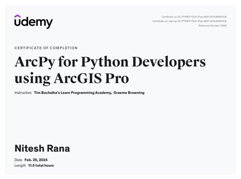Completed The Course Arcpy For Python Developers Using Arcgis Pro By