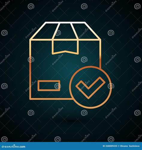 Gold Line Package Box With Check Mark Icon Isolated On Dark Blue
