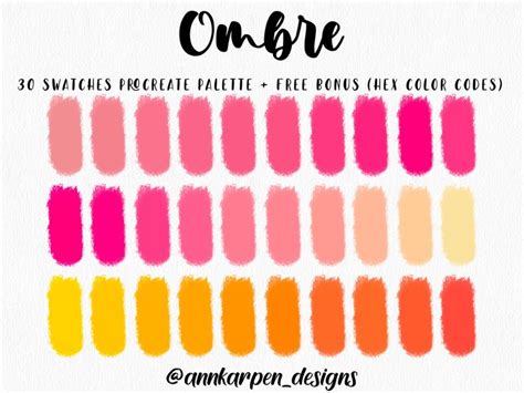 Ombre Procreate Palette 30 Hex Color Codes Instant Digital Download