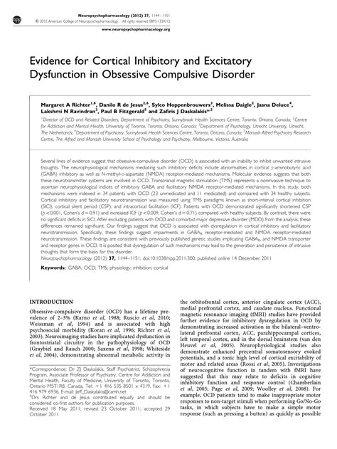Pdf Evidence For Cortical Inhibitory And Excitatory Dysfunction In Obsessive Compulsive Disorder