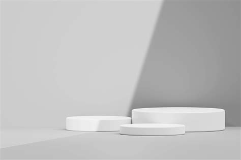 그림자가 있는 흰색 실린더 받침대 연단 제품 디스플레이 프레젠테이션을 위한 최소 장면 쇼케이스 기하학적 플랫폼 3d 추상적 배경