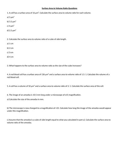 Gcse Surface Area To Volume Ratio Worksheet Teaching Resources