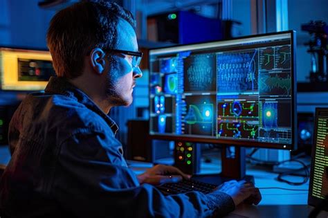 Engineer Analyzing Data On Multiple Monitors Premium Ai Generated Image