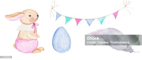 수채화 부활절 귀여운 토끼 알 화환 및 깃털 세트 카드와 초대장 디자인을 위해 부드러운 파스텔 색상의 흰색 배경에 격리됩니다 0명에 대한 스톡 벡터 아트 및 기타 이미지
