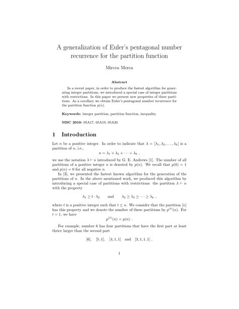 Pdf A Generalization Of Eulers Pentagonal Number Recurrence For The