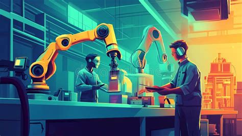 Tech Driven Manufacturing Ai Controlled Robots And People Working In A