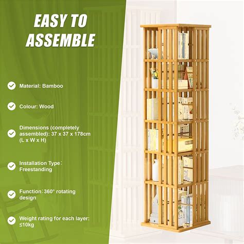360 Rotating Bookshelf Bamboo Storage Display Rack Shelving Wood