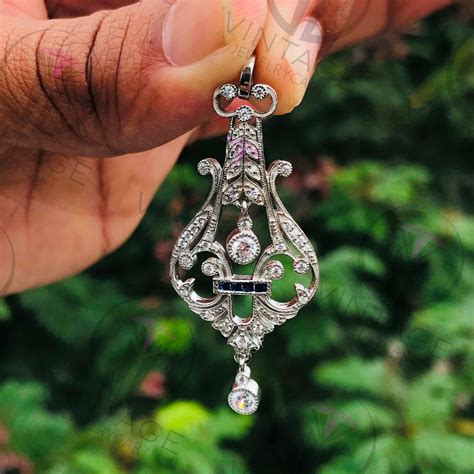 Vintage Style Pendant Art Deco Pendant Blue Baguette With Round Cz