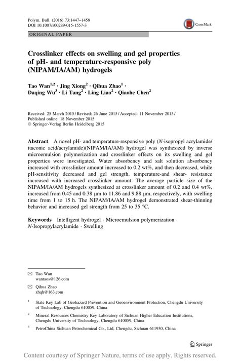 crosslinker effects on swelling and gel properties of ph and